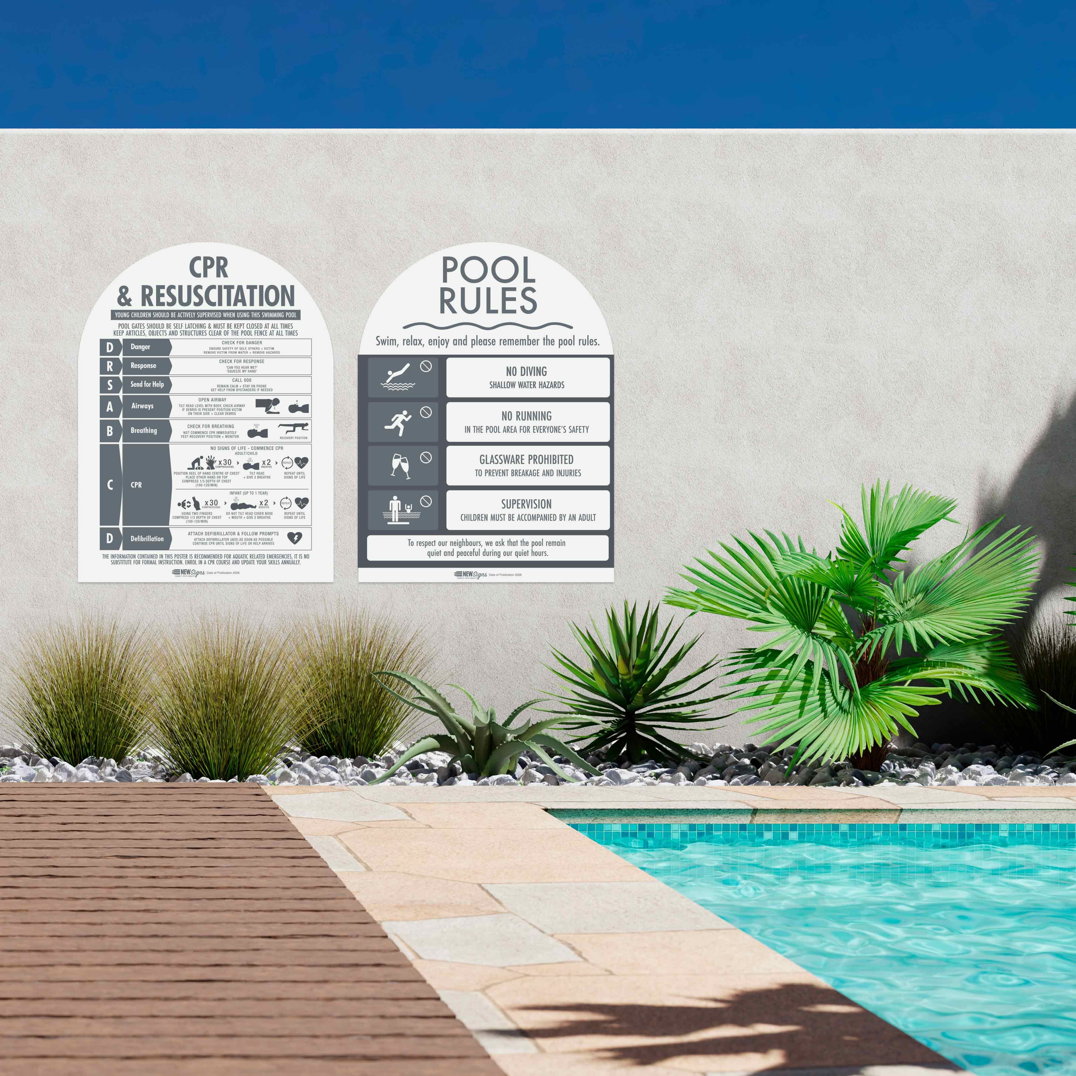 CPR Sign & Pool Rules Sign Pack Arch Charcoal – New Signs