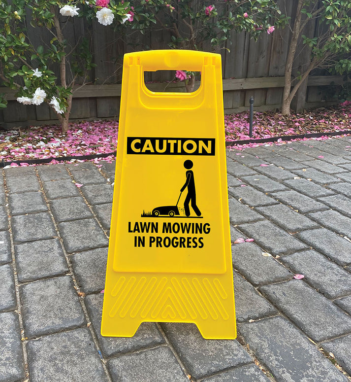 Yellow A-Frame - Caution Lawn Mowing In Progress – New Signs