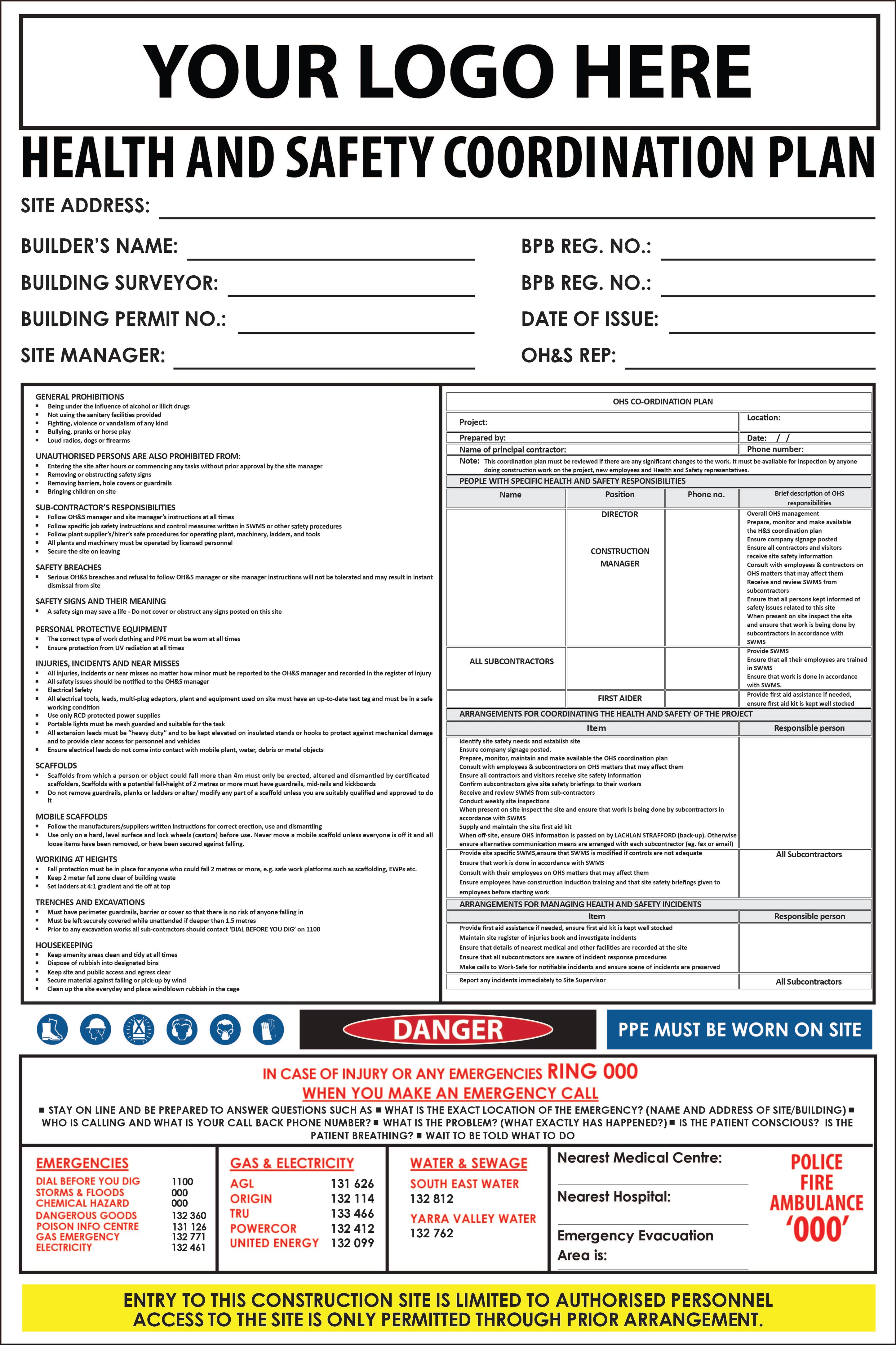 Construction Site Entry Sign Health and Safety Co-Ordination Plan Sign ...