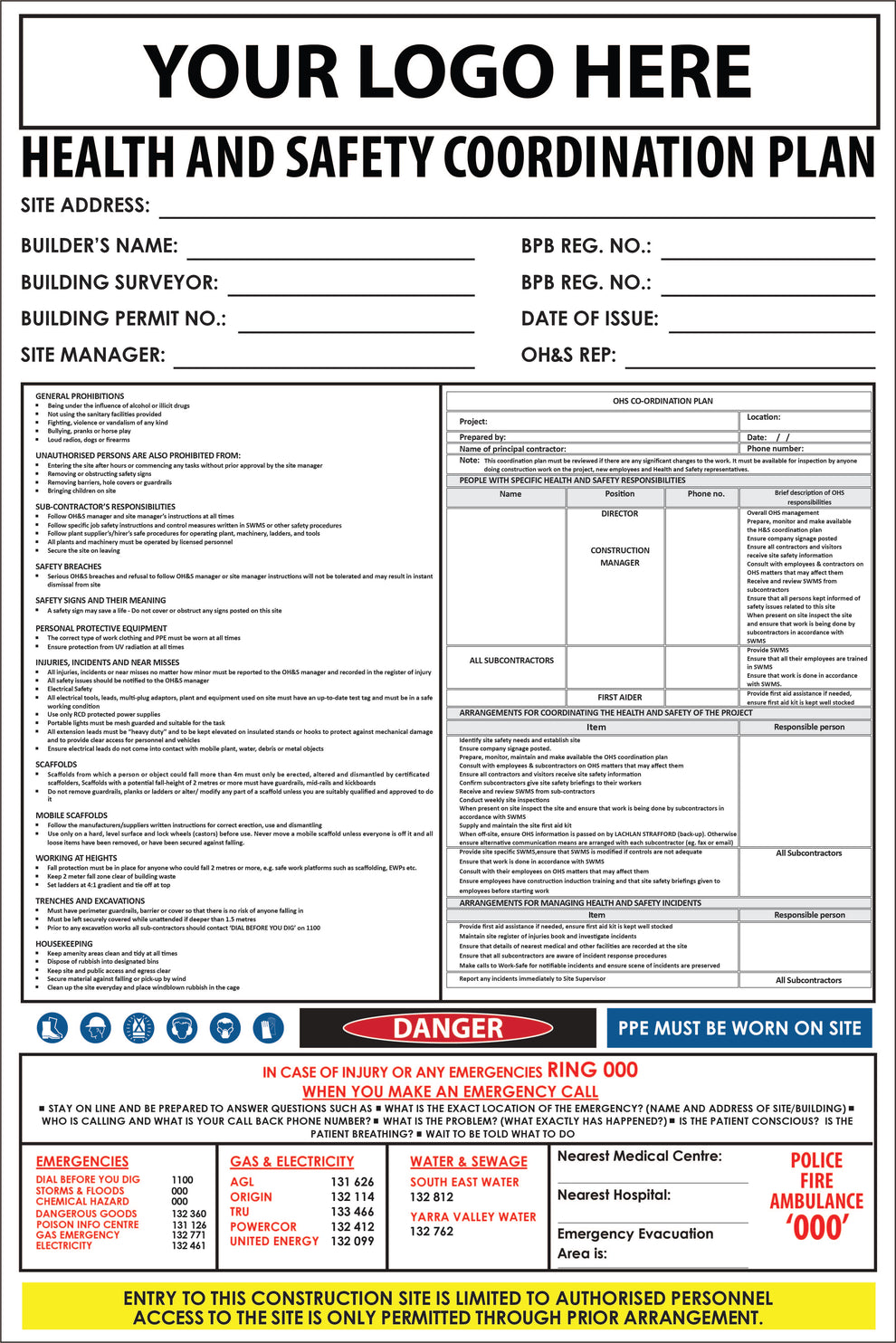 Construction Site Entry Sign Health and Safety Co-Ordination Plan Sign ...