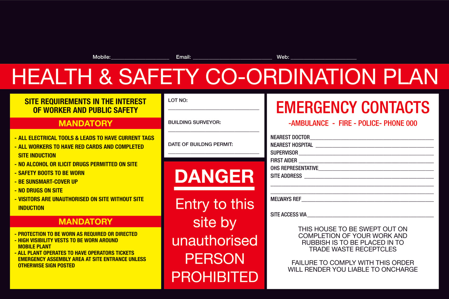 Construction Site Entry Sign Health and Safety Danger Co-Ordination Pl ...