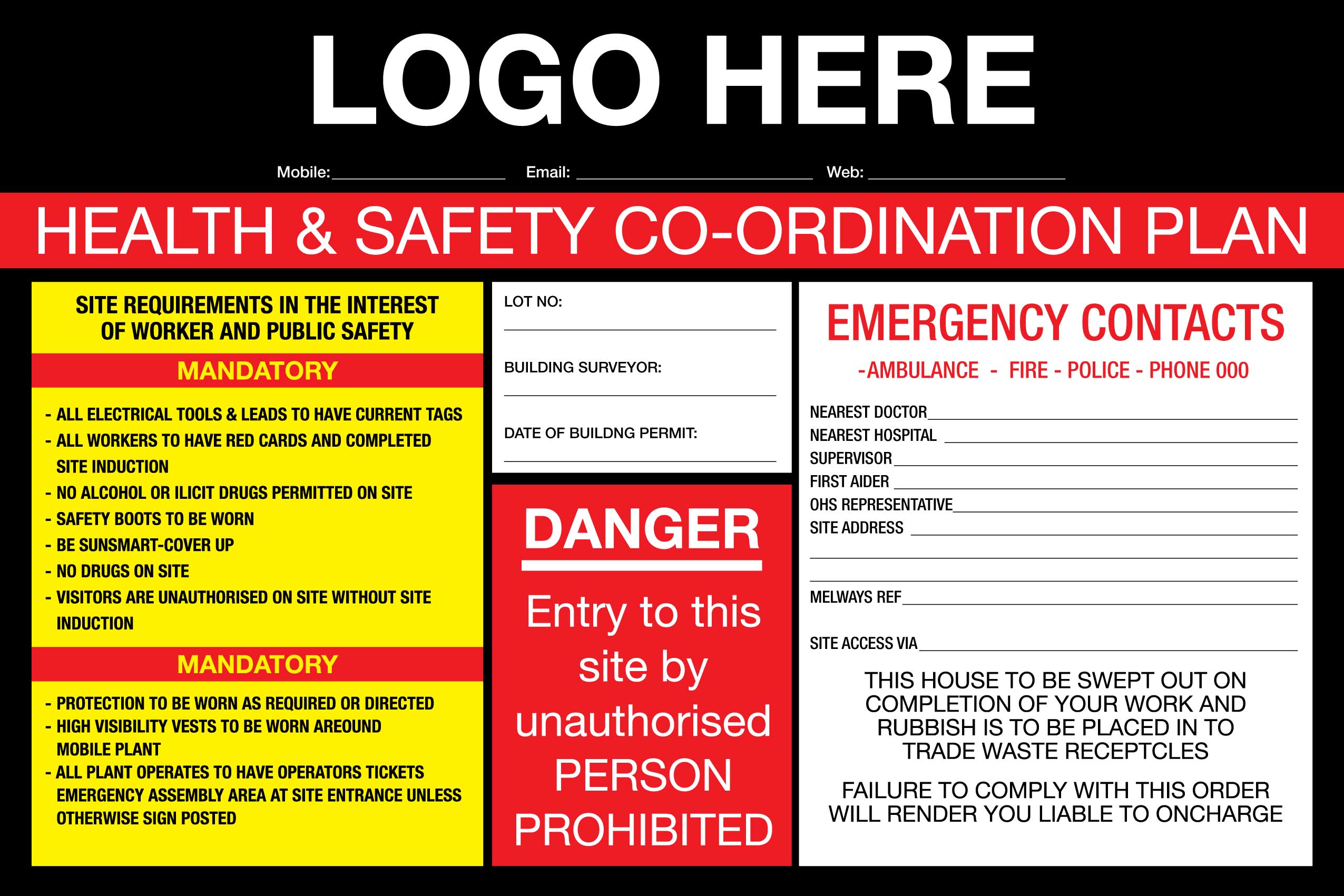 Construction Site Entry Sign Health and Safety Danger Co-Ordination Pl ...