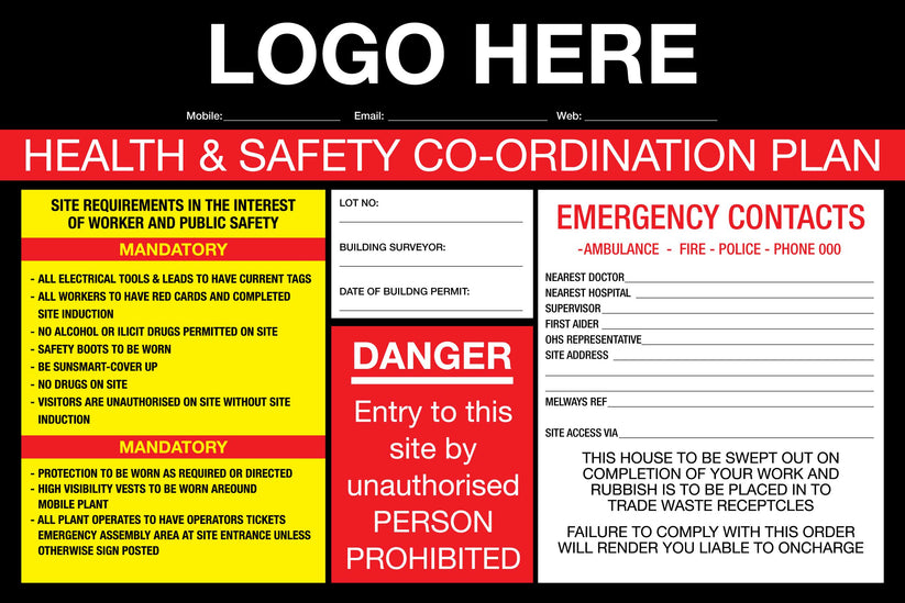 Construction Site Entry Sign Health and Safety Danger Co-Ordination Pl ...
