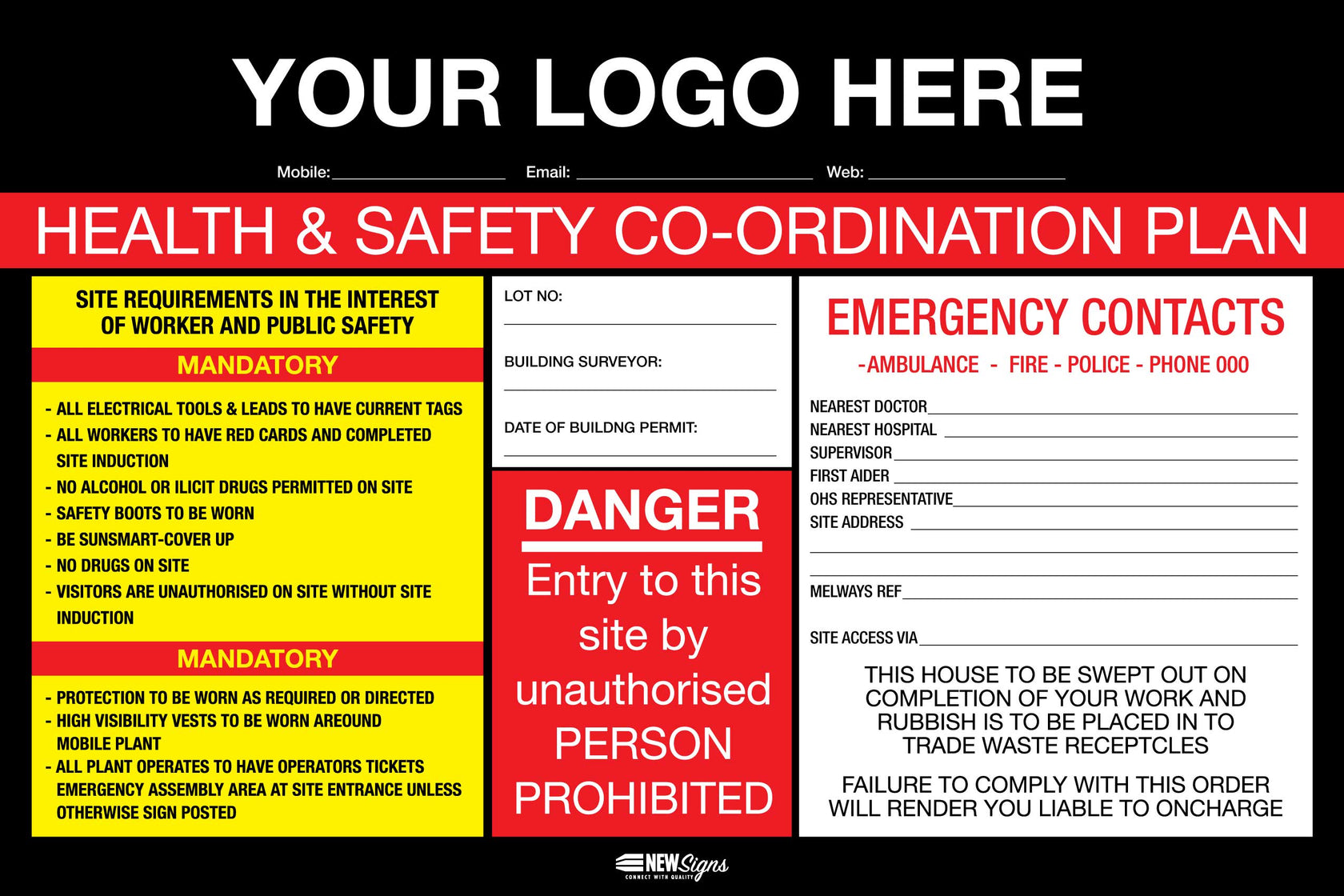 Construction Site Entry Sign Health and Safety Danger Co-Ordination Pl ...