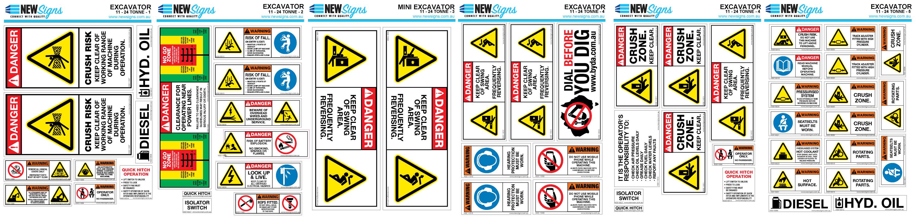 Excavator Under 11 - 24 Tonnes Machine Safety Sticker Set – New Signs