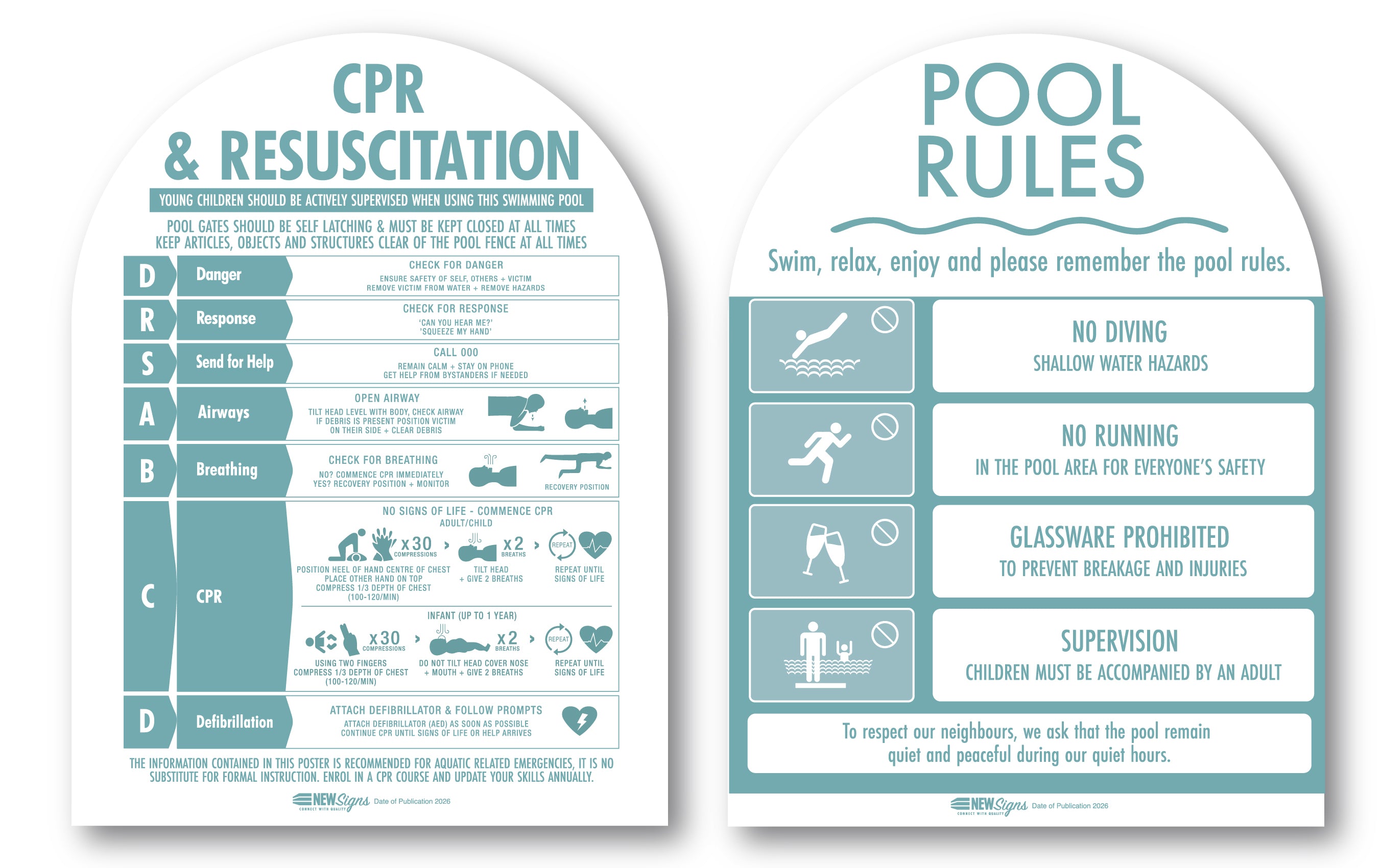 CPR Sign & Pool Rules Sign Pack Arch Aqua – New Signs