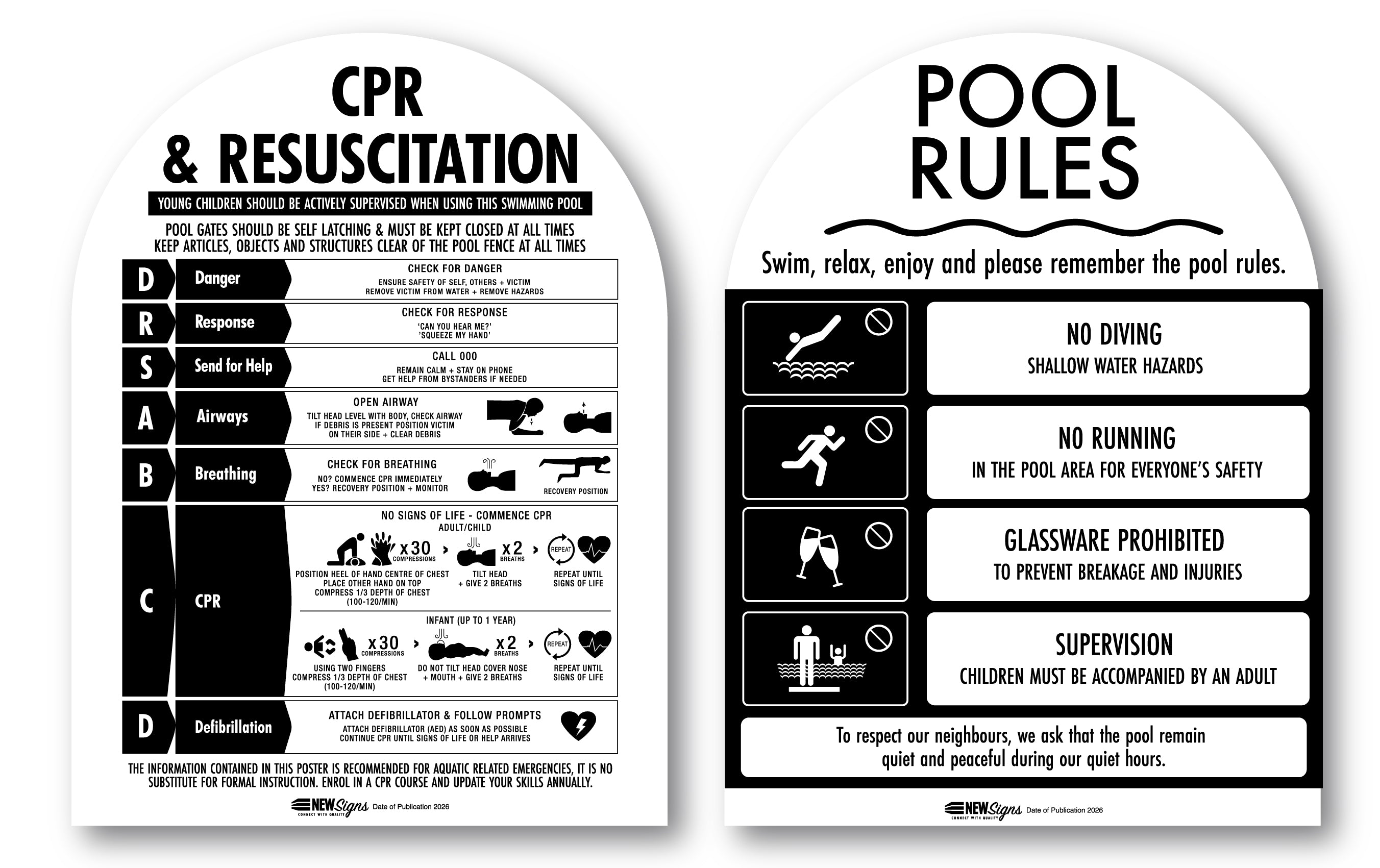 CPR Sign & Pool Rules Sign Pack Arch Black – New Signs