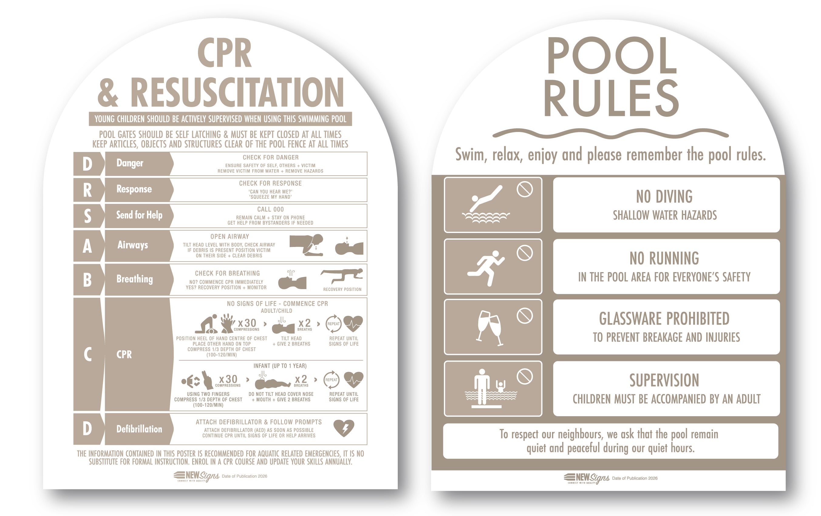 CPR Sign & Pool Rules Sign Pack Arch Fawn – New Signs