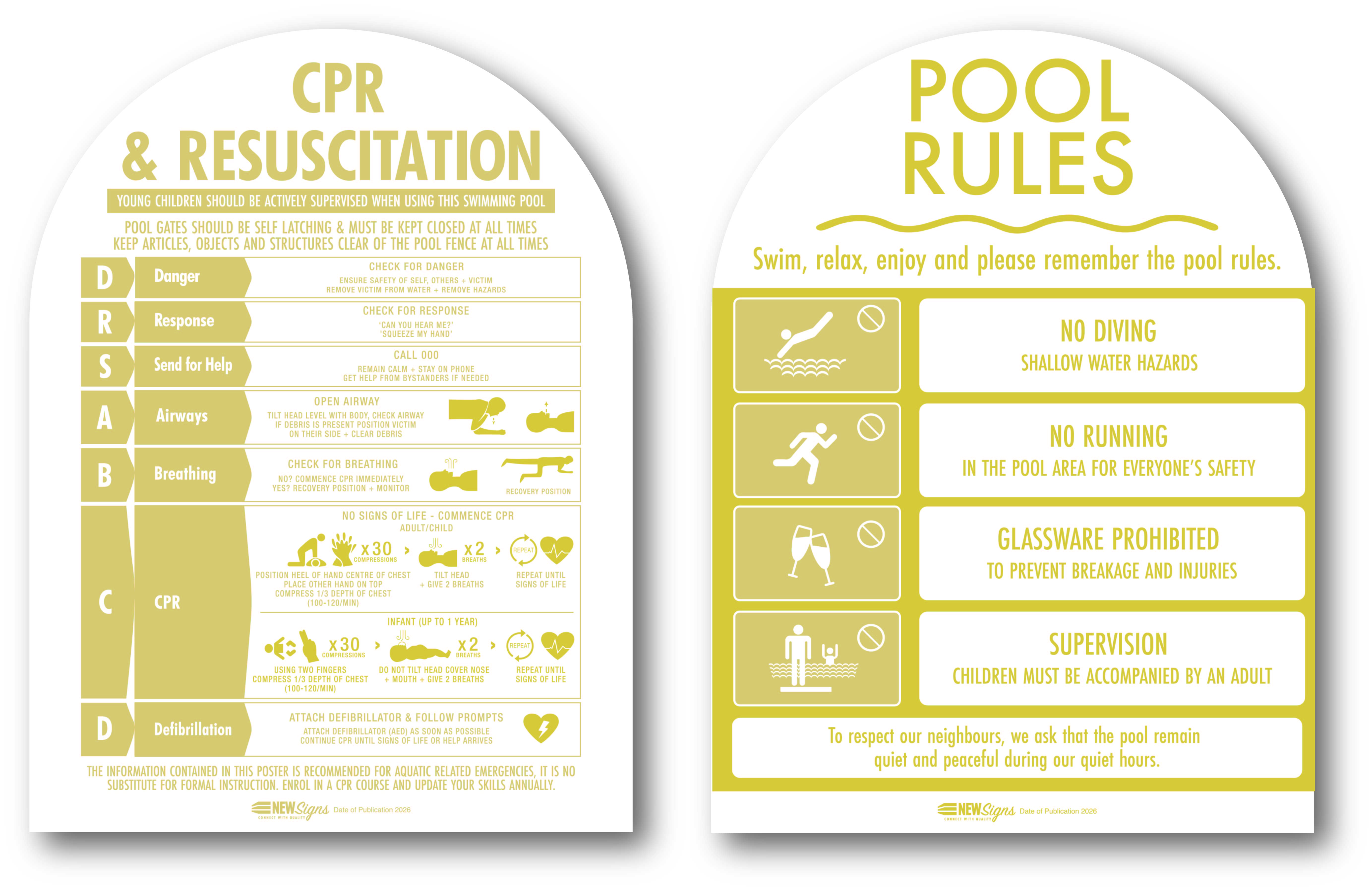 CPR Sign & Pool Rules Sign Pack Arch Sunshine – New Signs