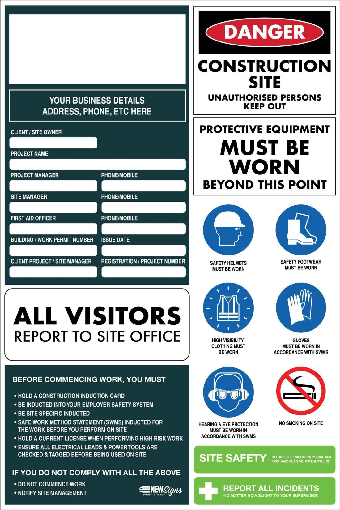 Construction Site Entry Compliance Sign – New Signs