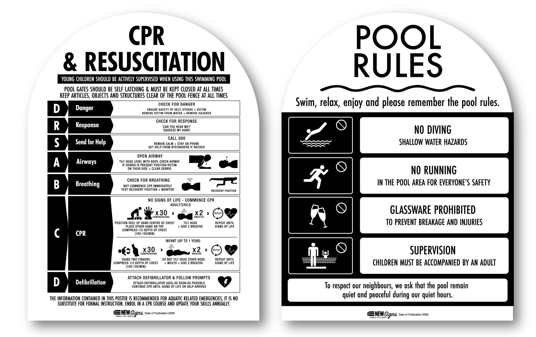 CPR Sign & Pool Rules Sign Pack Arch Black – New Signs