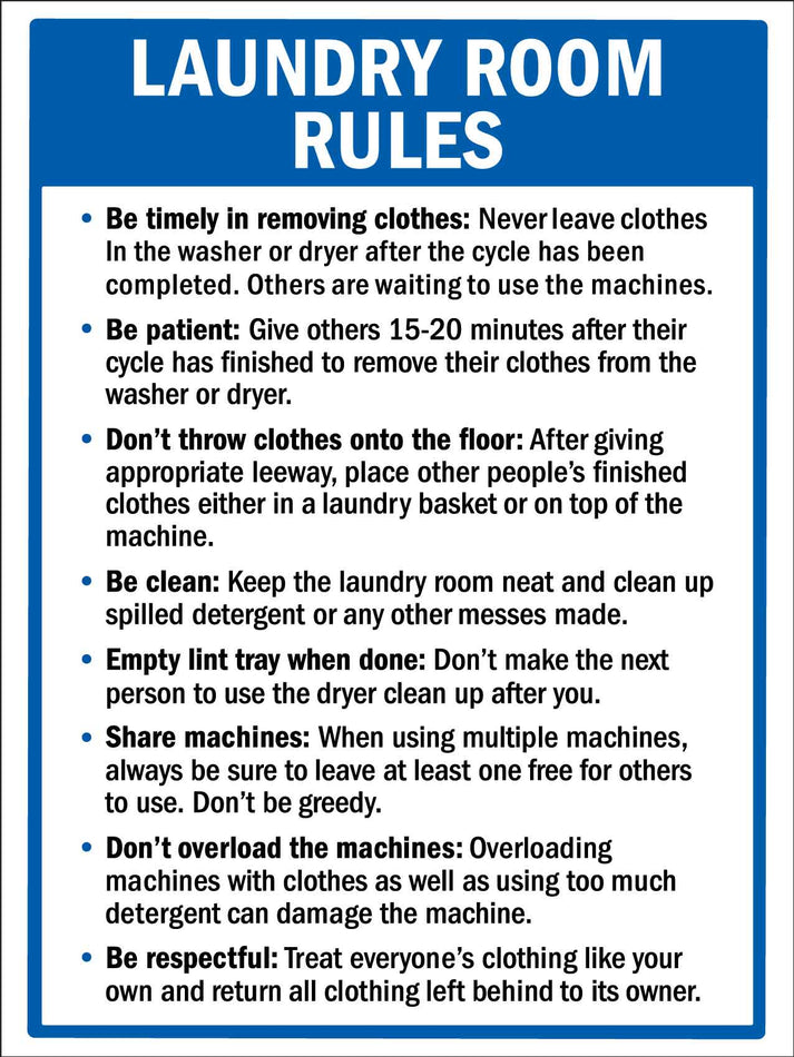 Laundry Room Rules 4 Sign – New Signs