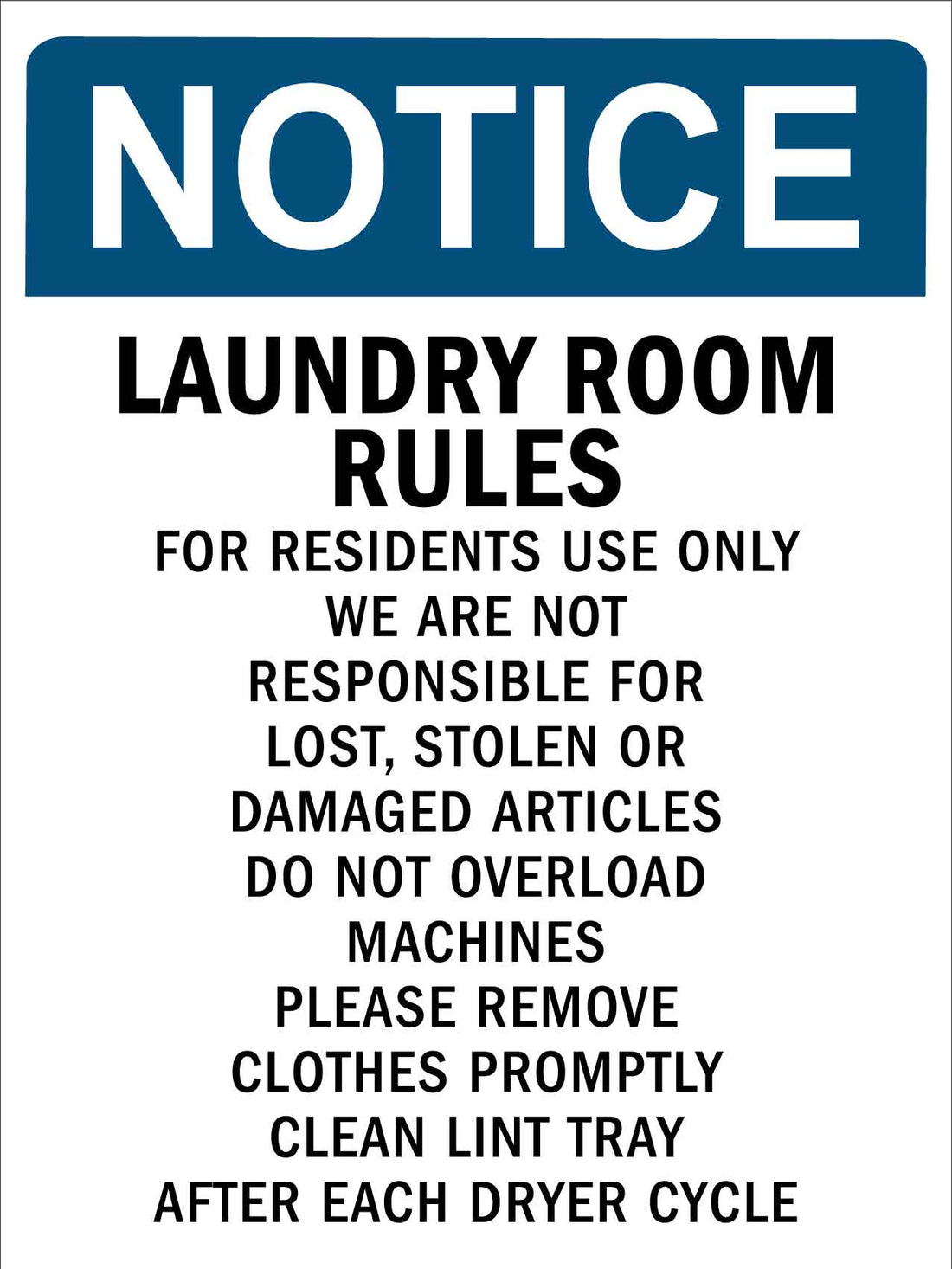 Notice Laundry Room Rules Sign – New Signs