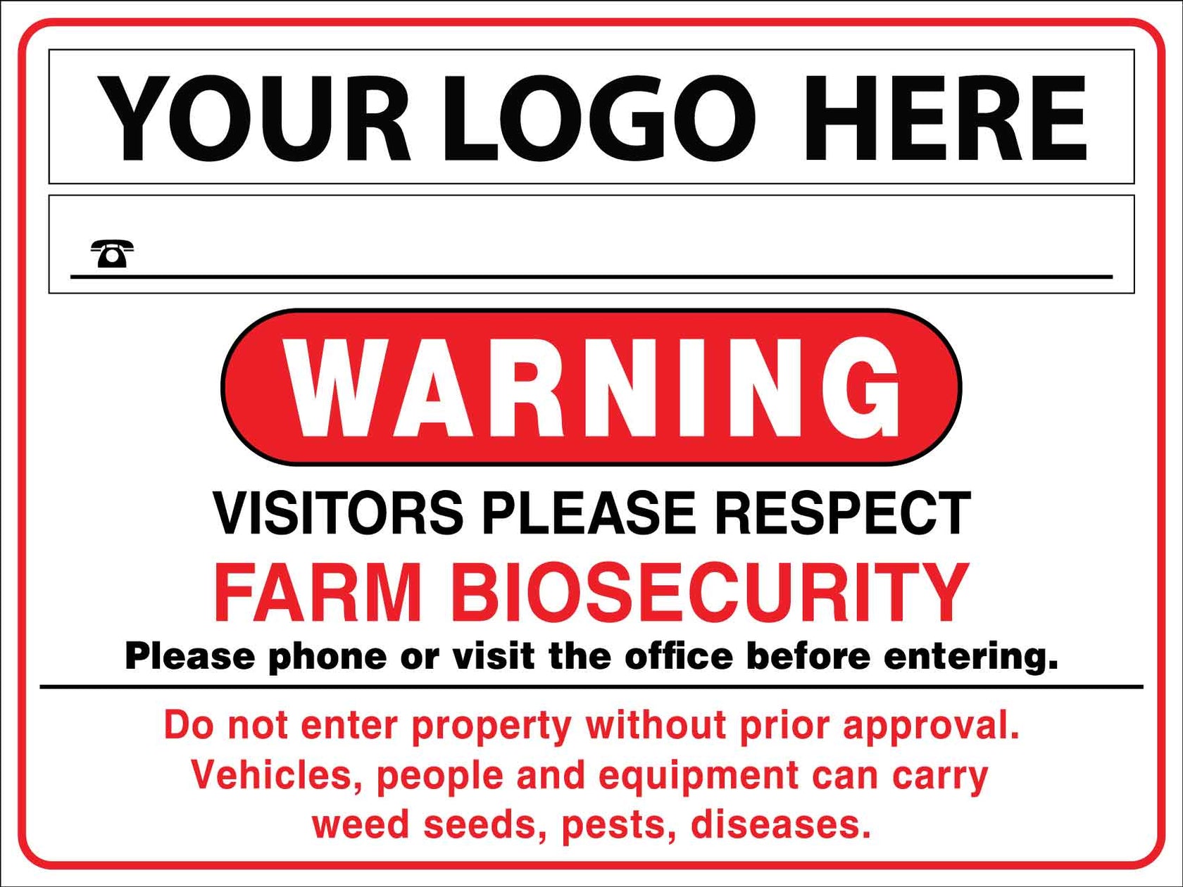 Warning Farm Biosecurity Red Custom Sign – New Signs